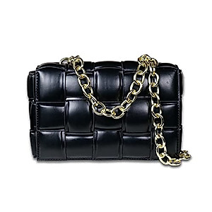 Bella Luna Woven Padded Cassette-Style Crossbody Handbag Purse for Women with Chain Bag (Black-Chain)