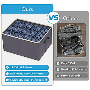 Baesyhom 12-Slot Jeans Organizer and 6-Slot Pants Organizer for Clothes, Jeans, Sweater, T-shirt, Dress Stackable for Wardrobe Closet Drawer Organizer Storage Bin Container, Dark Grey & Grey