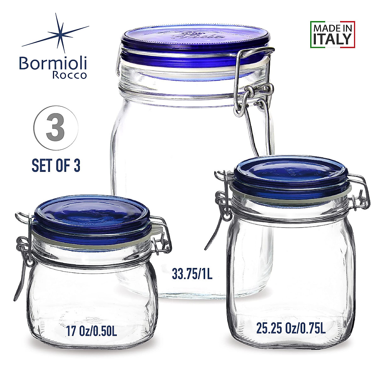 Bormioli Rocco Fido Collection, Variety Pack, Set Of 3 Food Storage Glass Jars 17 Oz. - 25.25 Oz. - 33.75 Oz. Made In Italy.