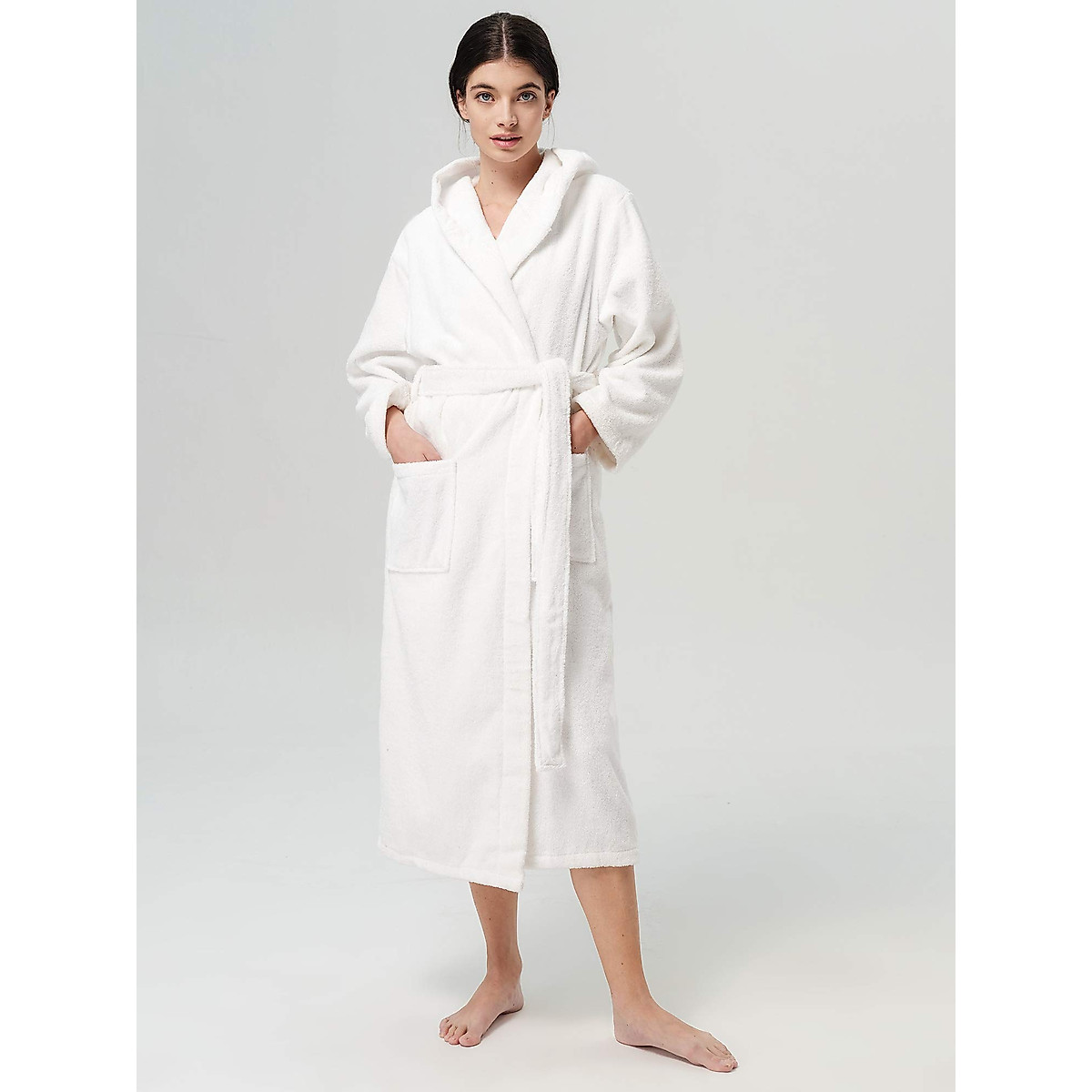 SIORO Terry Cloth Robes for Women Hooded Full Length Bathrobe Towel Cotton Fur Night Gown Spa Hotel Shower Bath Cozy Sleepwear, White Medium
