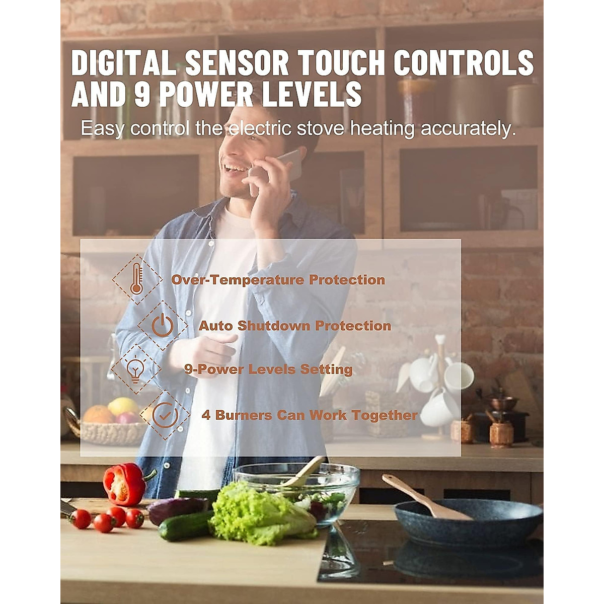 Weceleh Electric Cooktop 30 Inch, Built-in Ceramic Cooktops 6400W, Electric Stove Top with 4 Electric Burners, 9 Heating Level, Kid Safety Lock, Sensor Touch Control, 99Mins Timer, 220-240V (NO PLUG)