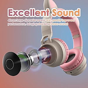 Cat Ear Kids Bluetooth Headphones Wired with Mic for School - Wireless Boy Girls Noise Cancelling Bluetooth Headphones Foldable Children Headsets for iPad Kindle Airplane Travel Tablet (Beige Pink)