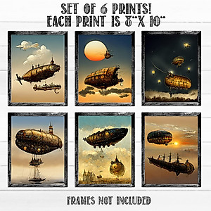 Steampunk Airships Art Prints - Set of Six Gallery Wall Photos (8x10) Unframed Print Poster - Science Fiction Home Decor and Gift For Aviation, Sailing, and Navigation Buffs