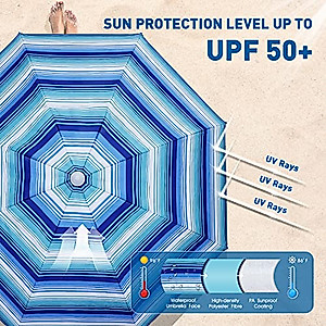 Beach Umbrella for Sand Wind Portable: 7FT Arc Length 6.5FT Diameter Heavy Duty Wind Resistant Striped Large Umbrellas UV 50+ Parasol with Anchor Screw Adjustable Height Tilting Pole 8 Ribs Carry Bag Lightweight