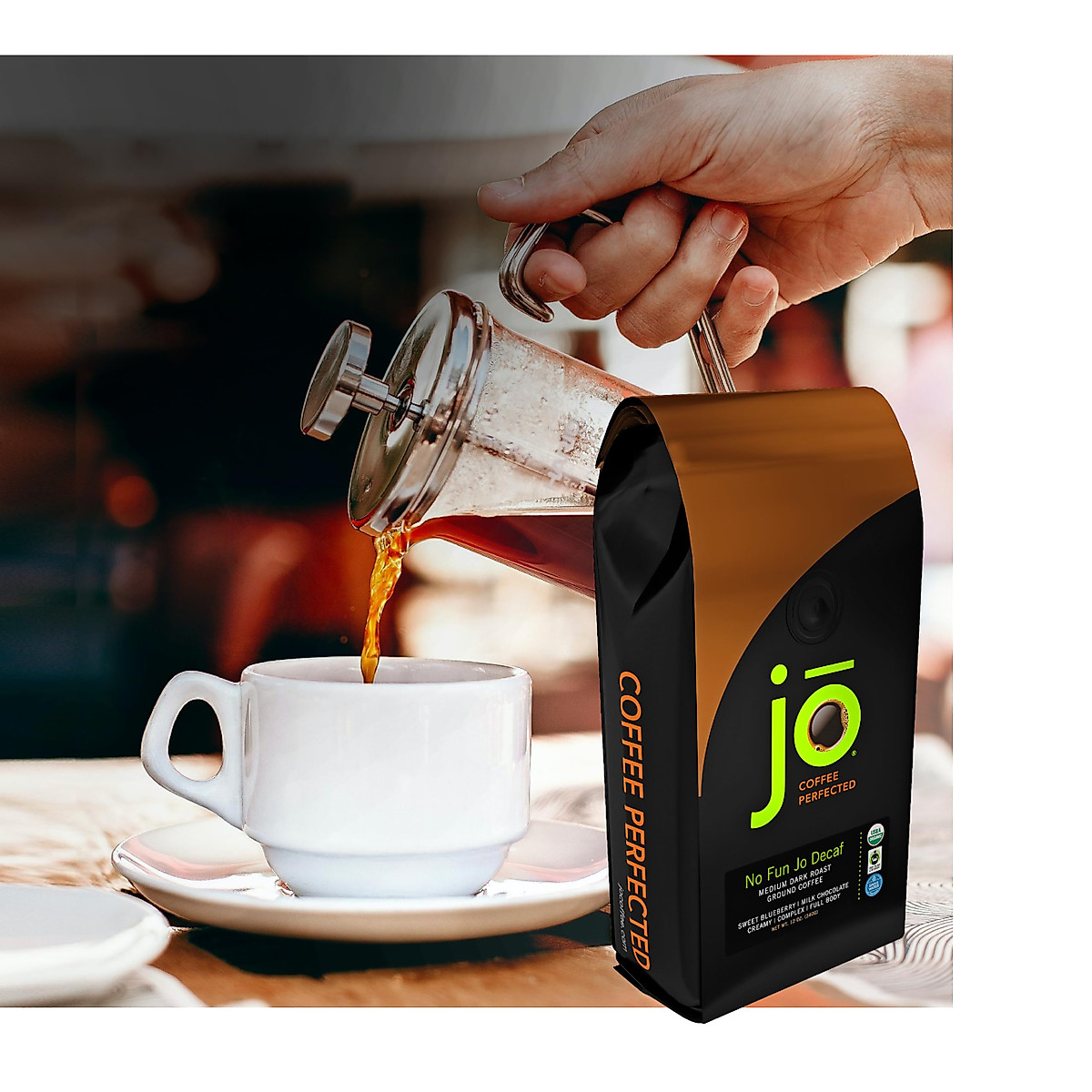 NO FUN JO DECAF: 12 oz, Organic Decaf Ground Coffee, Swiss Water Process, Fair Trade Certified, Medium Dark Roast, 100% Arabica Coffee, USDA Certified Organic, NON-GMO, Chemical & Gluten Free