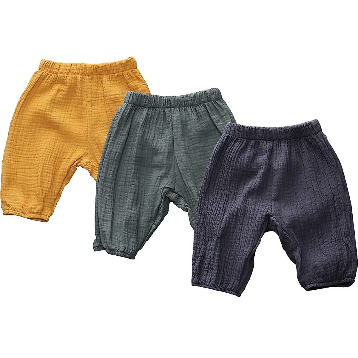 3 Pack Cotton Linen Harem Bloomers Pants for Baby Toddler, Yellow Green Blue, 2T