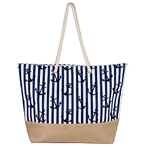 Heavy Shoulder Cotton Rope Handles Ship Anchor Hooks Printed Zipper Closure Women Straw Beach Premium Tote Bag by BB (Navy Blue)