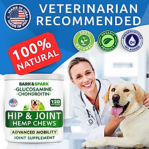 Bark&Spark Advanced Hemp Chews for Dog Joint Pain Relief - Glucosamine Chondroitin Hemp Treats Hip Joint Health - Joint Supplement Large Breed & Small - Hemp Treats Joints Old Senior Dog (120Ct/Bacon)