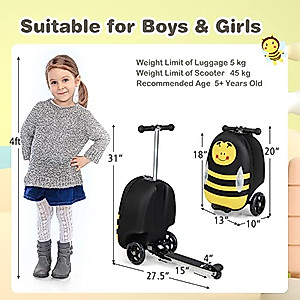 Goplus 2-in-1 Ride On Suitcase Scooter for Kids, Carry on Luggage with LED Flashing Wheels, Waterproof Shell, Retractable Steering Handle, Lightweight Folding Scooter for Boys Girls Travel (Bee)