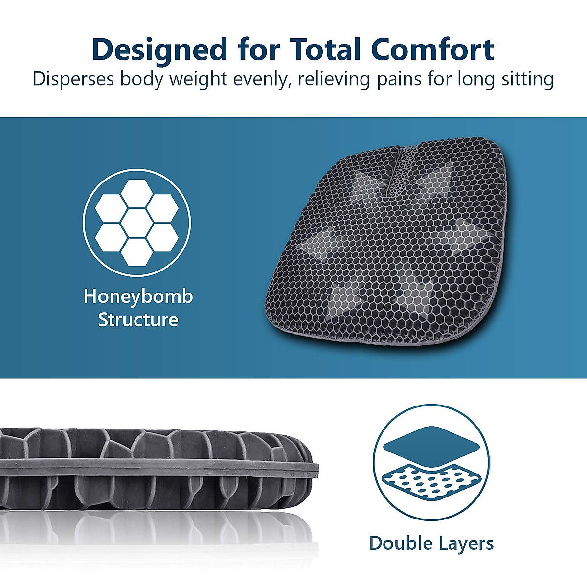 Gel Seat Cushion, Double Thick Enhanced Honeycomb Design Cushion with Non-Slip Breathable Cover for Pressure Relief & Tailbone Pain, fits Computer, Office, Car & Wheelchair Chair (18 x 17 x 1.3 in)