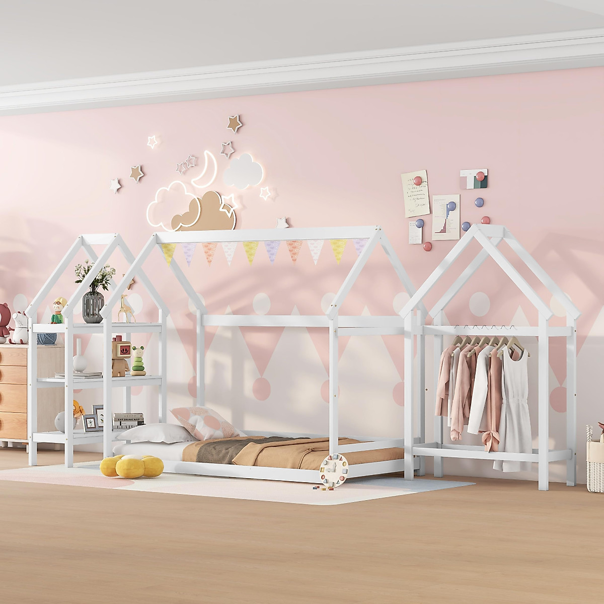 House Bed with Storage, Twin Size Montessori Floor Bed with Detachable Shelves and Hanging Rod, Wooden Floor Bed with Rails and 2 Stands for Kids Boys Girls Teens, White