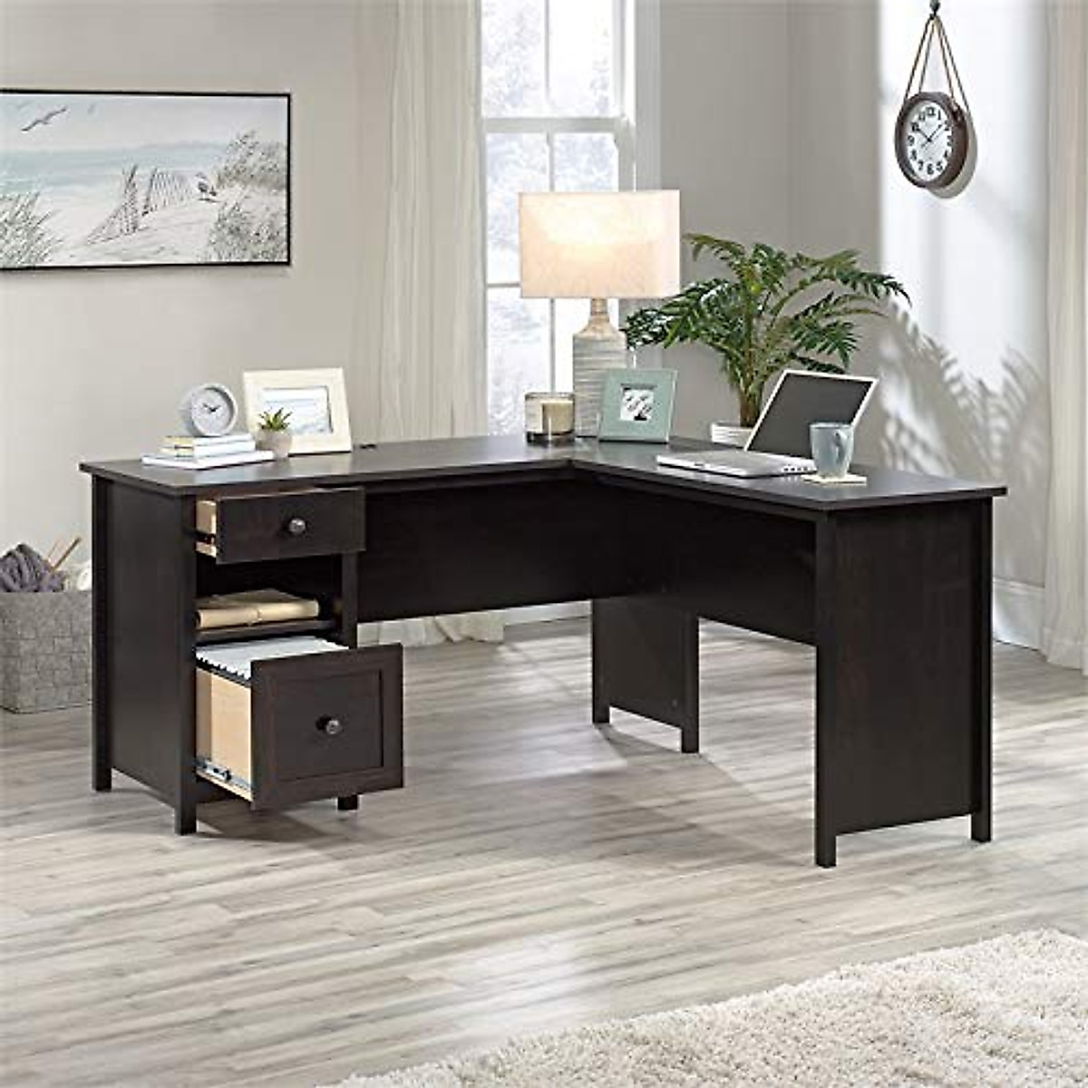 Sauder County Line Estate Black L-Shaped Desk with File Drawer, Estate Black Finish