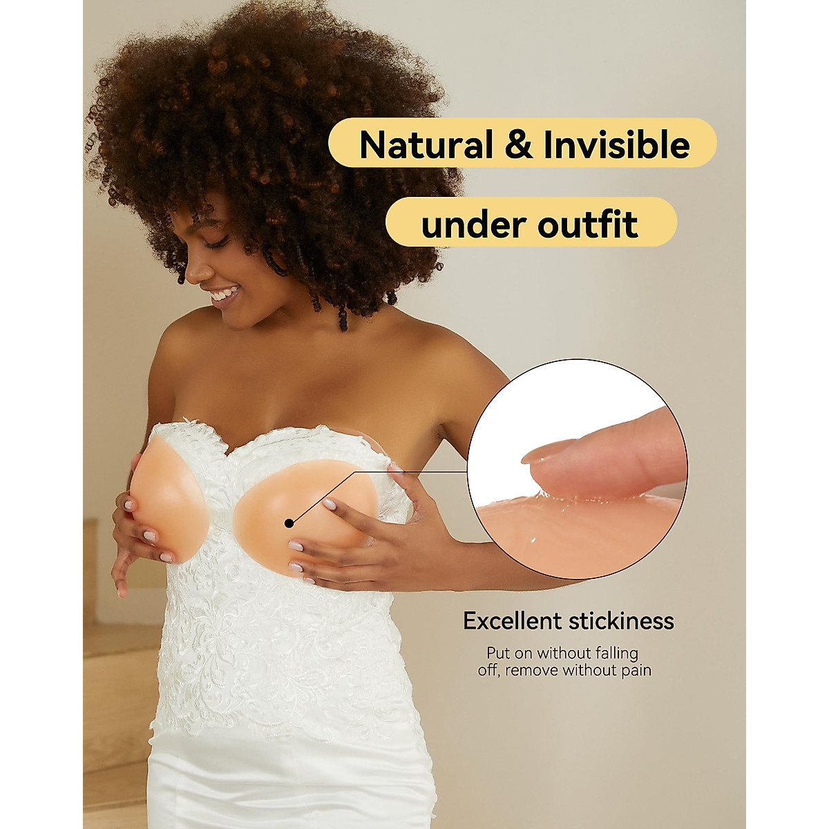 Niidor Adhesive Bra Strapless Sticky Invisible Push up Silicone Bra for Backless Dress with Nipple Covers Creme