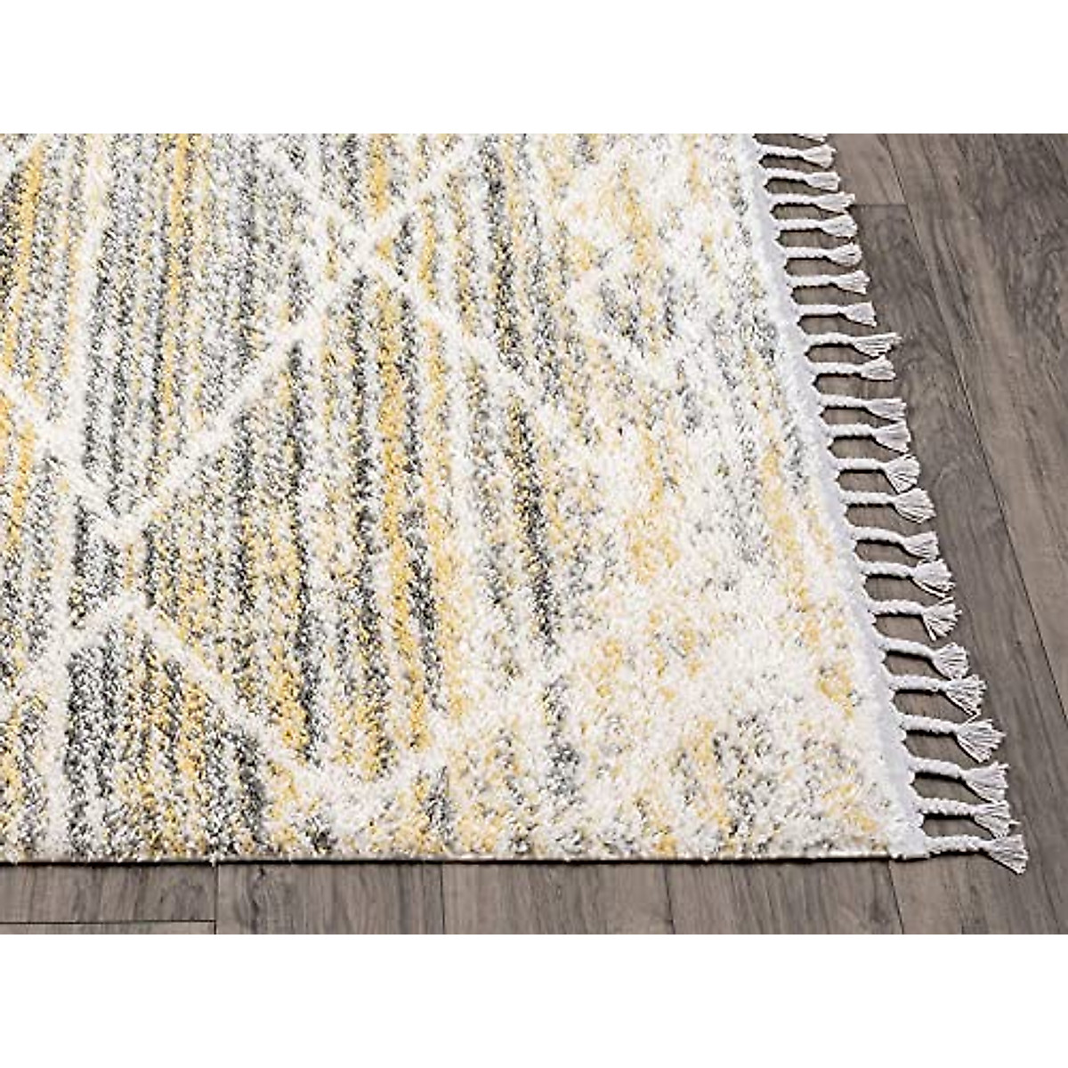 Abani Modern 5'3" X 7'6" Grey, Cream & Yellow Shag Area Rug Rugs Plush Contemporary Boston Collection Tassel Rug
