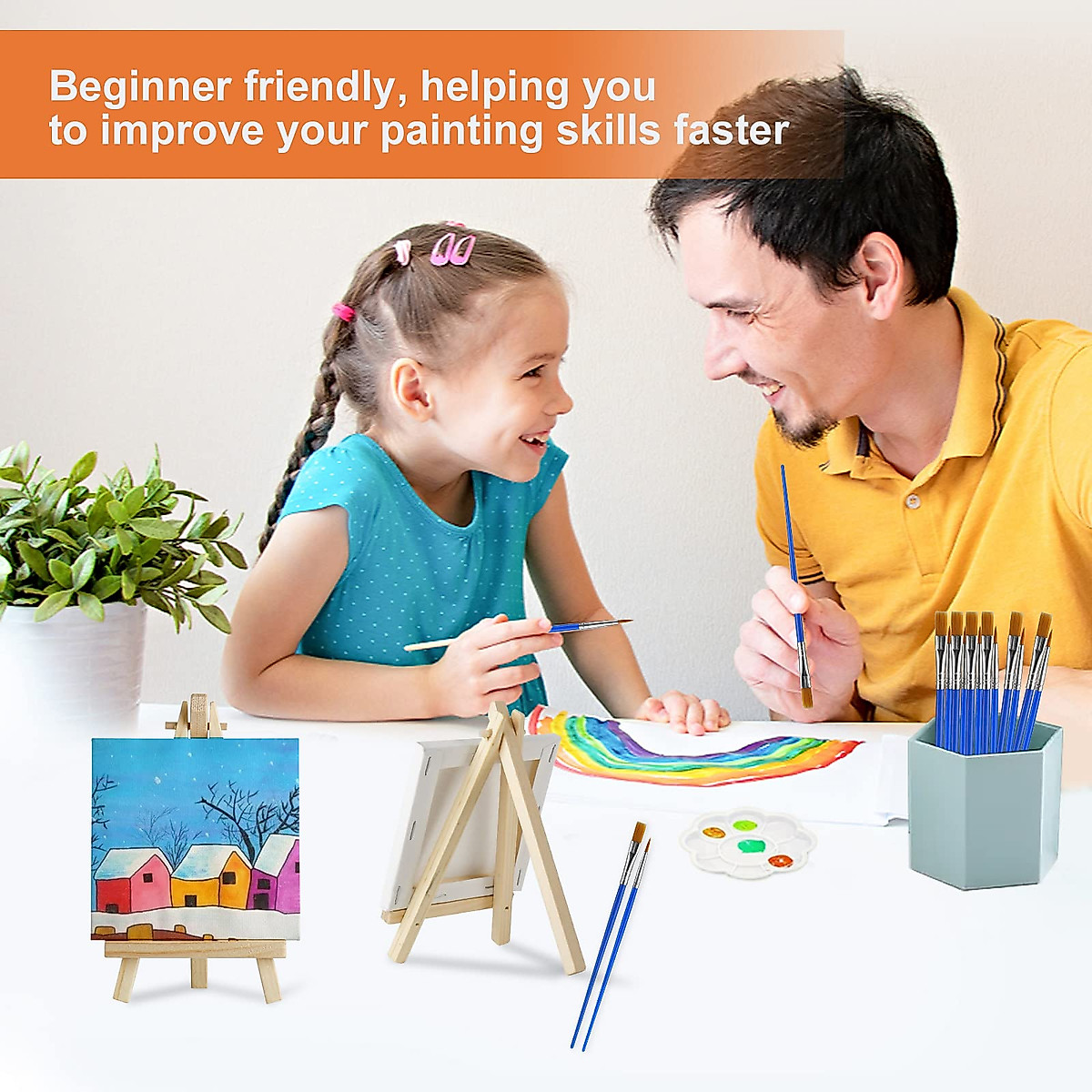 32 Pack Mini Canvases for Painting, Small Stretched Painting Canvas with Mini Easel 4x4 Inch, Art Canvases Painting Kit with 64 Brushes & 32 Paint Tray for Kids Acrylic Pouring Oil Water Color Supply