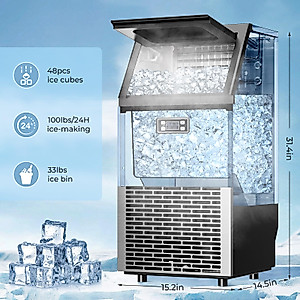ZAFRO Commercial Ice Maker Machine, 100lbs/24H Under Counter Ice Machin with 33lbs Ice Bin, Stainless Steel Freestanding Ice Maker for Restaurant/Bar/Home/Cafe/Office
