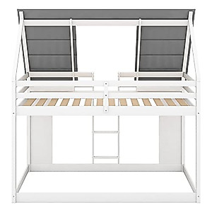 Harper & Bright Designs House Bunk Bed for Kids, Low Bunk Bed Twin Over Twin, Wood Toddler Bunk Beds Frame with Roof and Ladder for Girls Boys, White