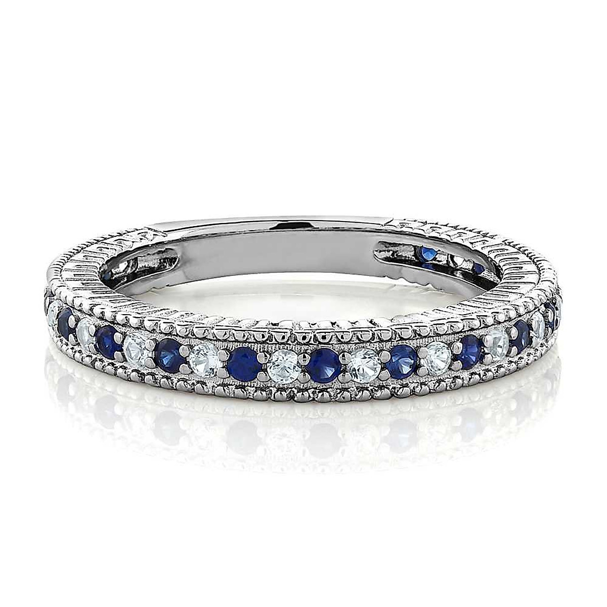 Gem Stone King 925 Sterling Silver Blue and White Created Sapphire Ring | Ladies Anniversary Wedding Band Ring For Women | 0.48 Cttw | Available In Size 5, 6, 7, 8, 9