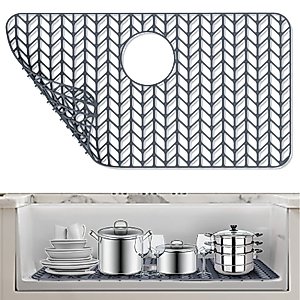 AWOKE Silicone Sink Protectors for Kitchen Sink, 26''x 14'' Folding Non-slip Sink Mat Grid, for Bottom of Farmhouse Stainless Steel Porcelain Sink with Rear Drain (Grey)