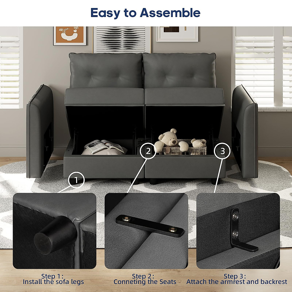 LLappuil Modular Sectional Sofa with Reversible Chaise, U Shaped Couch with Storage, Modern Faux Leather Fabric Sofa with Ottoman, Oversized Sectionals for Living Room, 9 Seat, Dark Grey