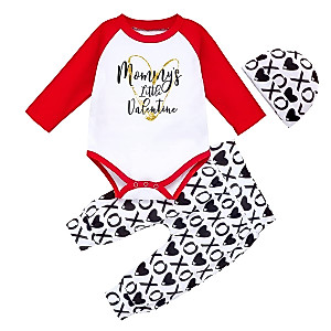 WINZIK Mommy’s Little Valentine Outfit Newborn Baby Infant Boys Girls Bodysuit Romper Pants Hat Spring Clothes Set for Valentine’s Day (Mommy’s Little Valentine 1#, 12-18 Months)