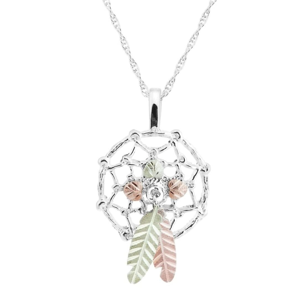 Dream Catcher Feather Pendant Necklace, Sterling Silver, 12k Green Gold, 12k Rose Gold Black Hills Gold, 18''