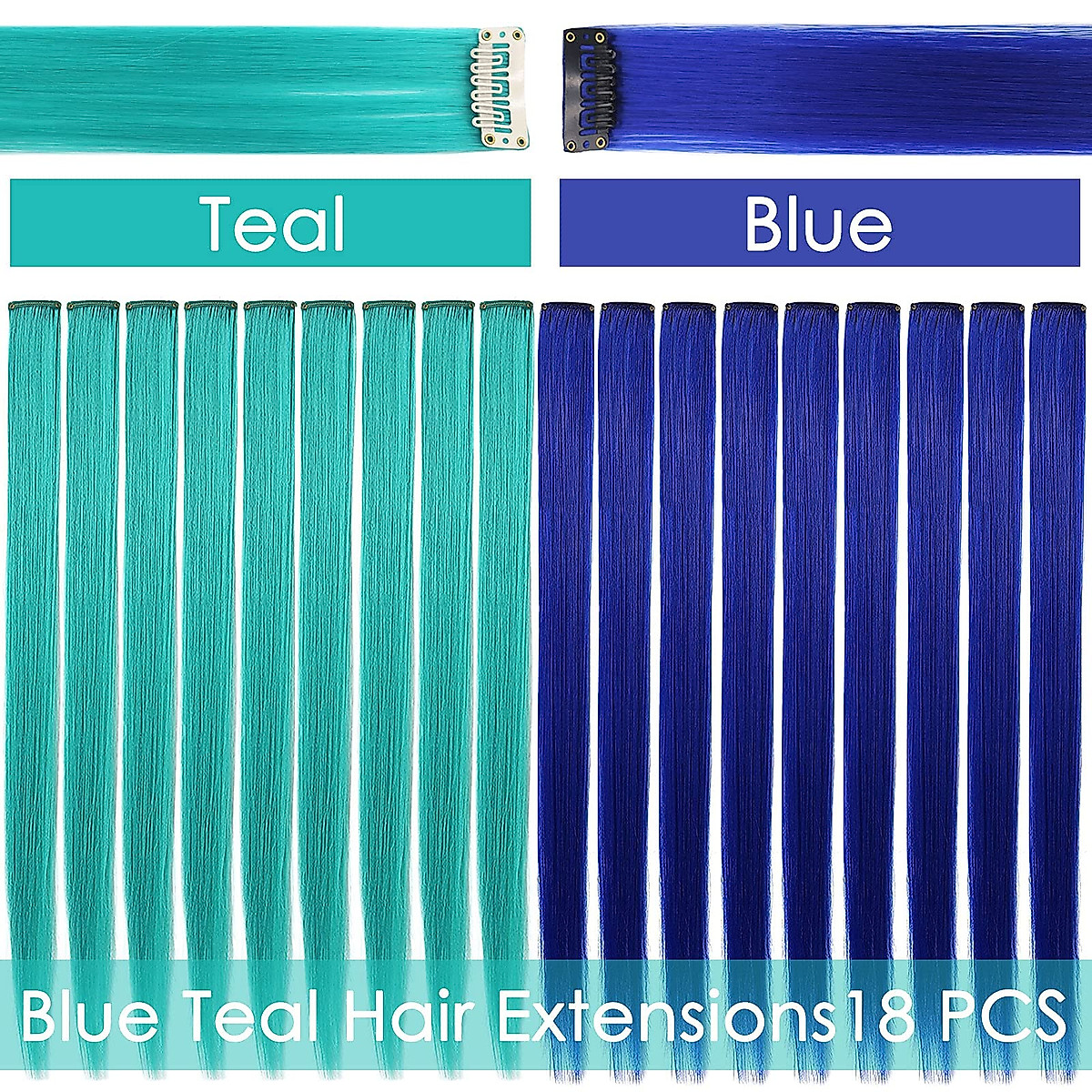 XIRANWEN 18pcs 21Inch Colored Hair Extensions Clip in/on Wig Pieces for Girls, Hairpieces Heat-Resistant Straight Party Highlight Multicolors Accessories Halloween Christmas Gift (Sapphire blue+Teal)