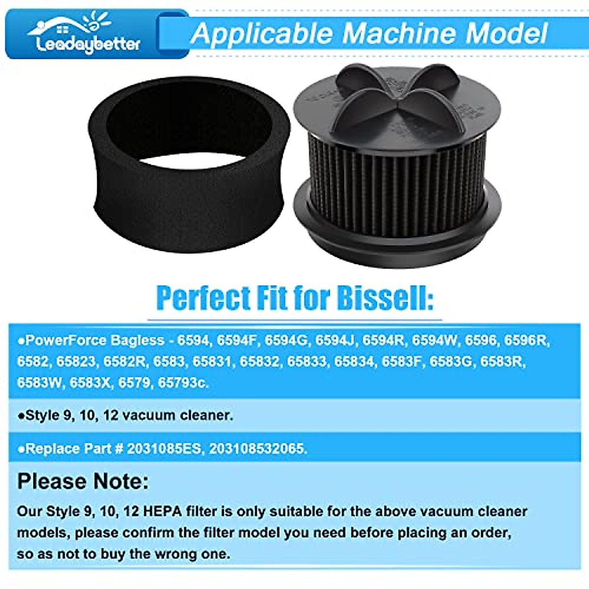 2 Replacement Foam & Filter Compatible for Style 9, 10 & 12,Replace Part # 2031085ES, 203108532065,2031183,32064 & 32065