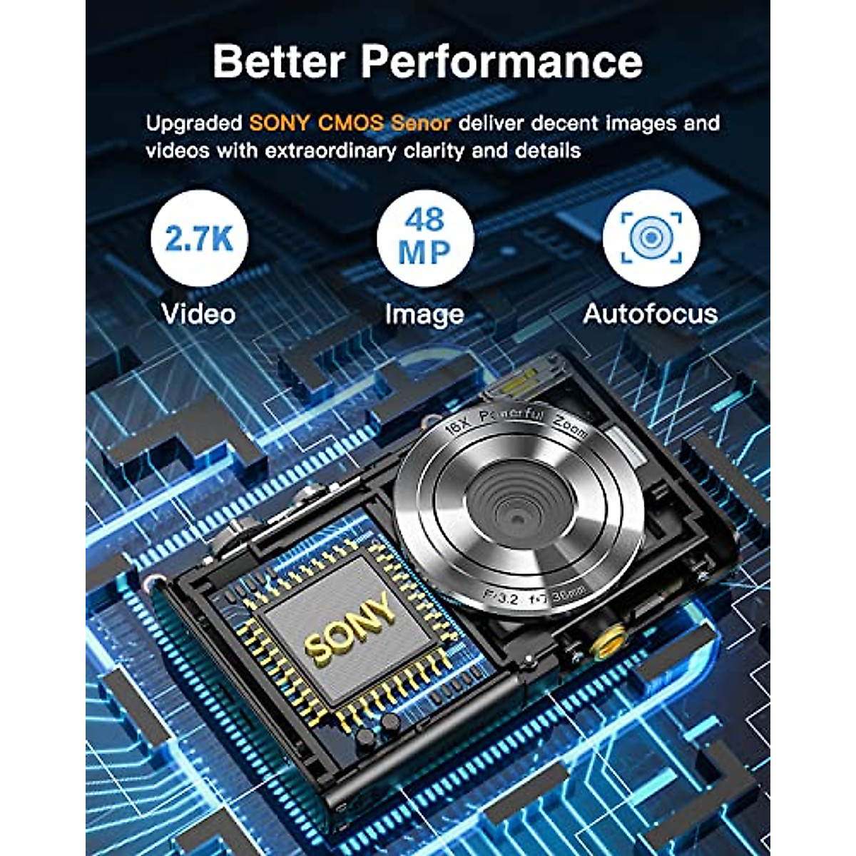 Digital Camera, Zostuic 2.7K 48MP Autofocus Kids Camera with 32 GB Card 16X Zoom Compact Portable Mini Toys Cameras Christmas Birthday Festival Gift for Kid Children Teens Girls Boys(Black)