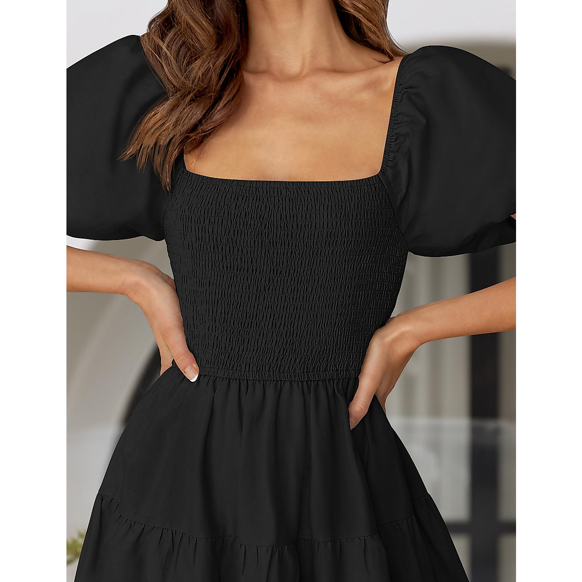 ZESICA Women's 2024 Summer Square Neck Short Puff Sleeve Solid Color High Waist Casual Smocked Flowy A Line Tiered Midi Dress