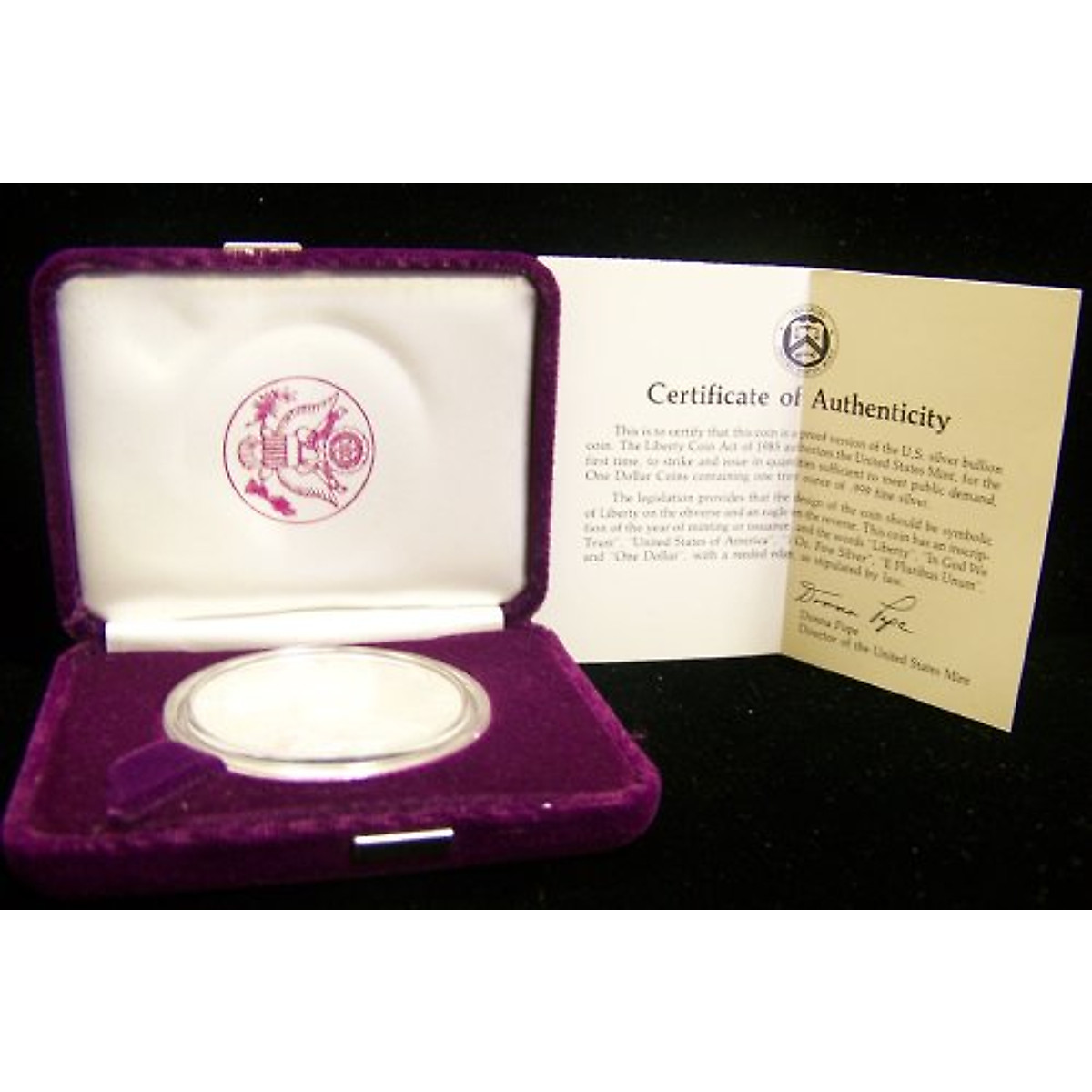 1986-S American Proof Eagle Silver Dollar W/Box & COA