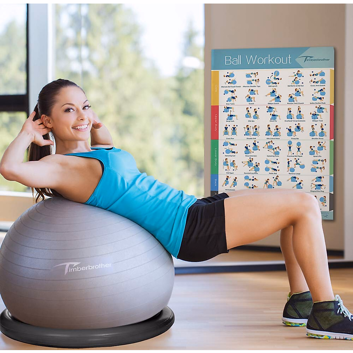 Timberbrother 75cm Exercise Ball Chair with Resistance Bands Workout Poster 16.5”x 22.4”,Stability Ball Base for Gym and Home Exercise (Black with Ring & Bands)