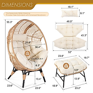 NICESOUL® Wicker Stationary Egg Chair Indoor Outdoor Egg Basket Lounge Chair Oversized Thick Cushions Egg Seat with Legs 440lbs Egg Nest Chair with Ottoman, Boho Rattan Chair for Patio Beige