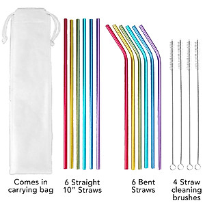 12 Pcs Reusable Metal Straws, Drinking Straws, Aluminum Straws, Smoothies Straws, Rainbow Colorful Straws for Party, Included Cleaning Brushes