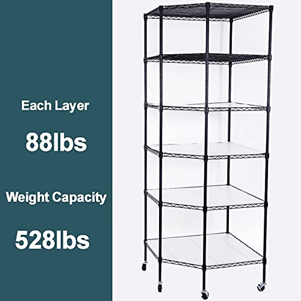 Ymlpre Corner Wire Shelf Adjustable Metal Shelving Unit 6 Shelf Storage Shelves with Wheels Wire Rackfor Kitchen, Bathroom, Laundry, Pantry, Close, 26.77" D x 26.77" W x 72.83" H, Black 6-Tier