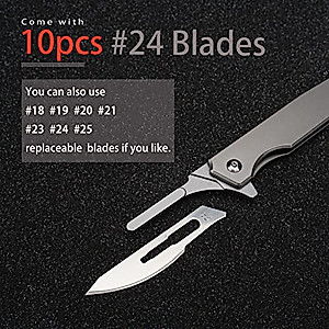 TENCHILON T30 Mini Titanium Flipper Folding Pocket Scalpel Knife, 10pcs #24 Blades, 3 inches Handle with Frame Lock, Tiny Small Micro EDC Knives for Men Women