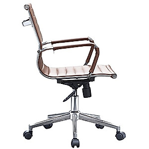2xhome Modern Office Desk Chair Mid Back Ribbed PU Leather Conference Task Armchair with Swivel Tilt & Adjustable Height, Brown