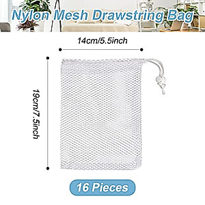 gsnma 16 Pieces Nylon Mesh Drawstring Bag, 5.5 x 7.5 inch Durable Mesh Drawstring Bag with Sliding Drawstring for Rinsing Beach Toys, Mesh Bags and Travel(White)