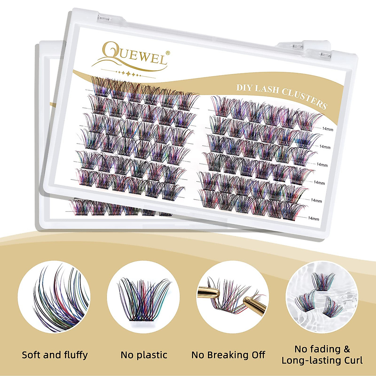QUEWEL Cluster Lashes 72 Pcs Wide Stem Colored Eyelash Clusters Mixed Colors Lashes Clusters+ C/D Curl 8-16mm Length DIY Eyelash Extension False Eyelashes Natural&Mega Styles