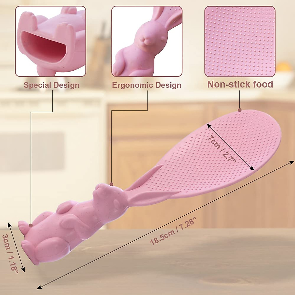 HengKe 3 Pieces Rabbit Shape Rice Paddle Bunny Cartoon Rice Spoon Non-stick Rice Spatula Stand-up Rice Spoon Paddle Standing Rice Cooker Spoon Stand-able Rice Serving Spoons Vertical Rice Scoop