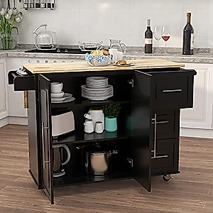 LostCat 43" Drop Leaf Kitchen Island Cart with 3 Drawers, Wood Table Top, Storage, Spice & Towel Rack for Dining Room, Living Room, Black