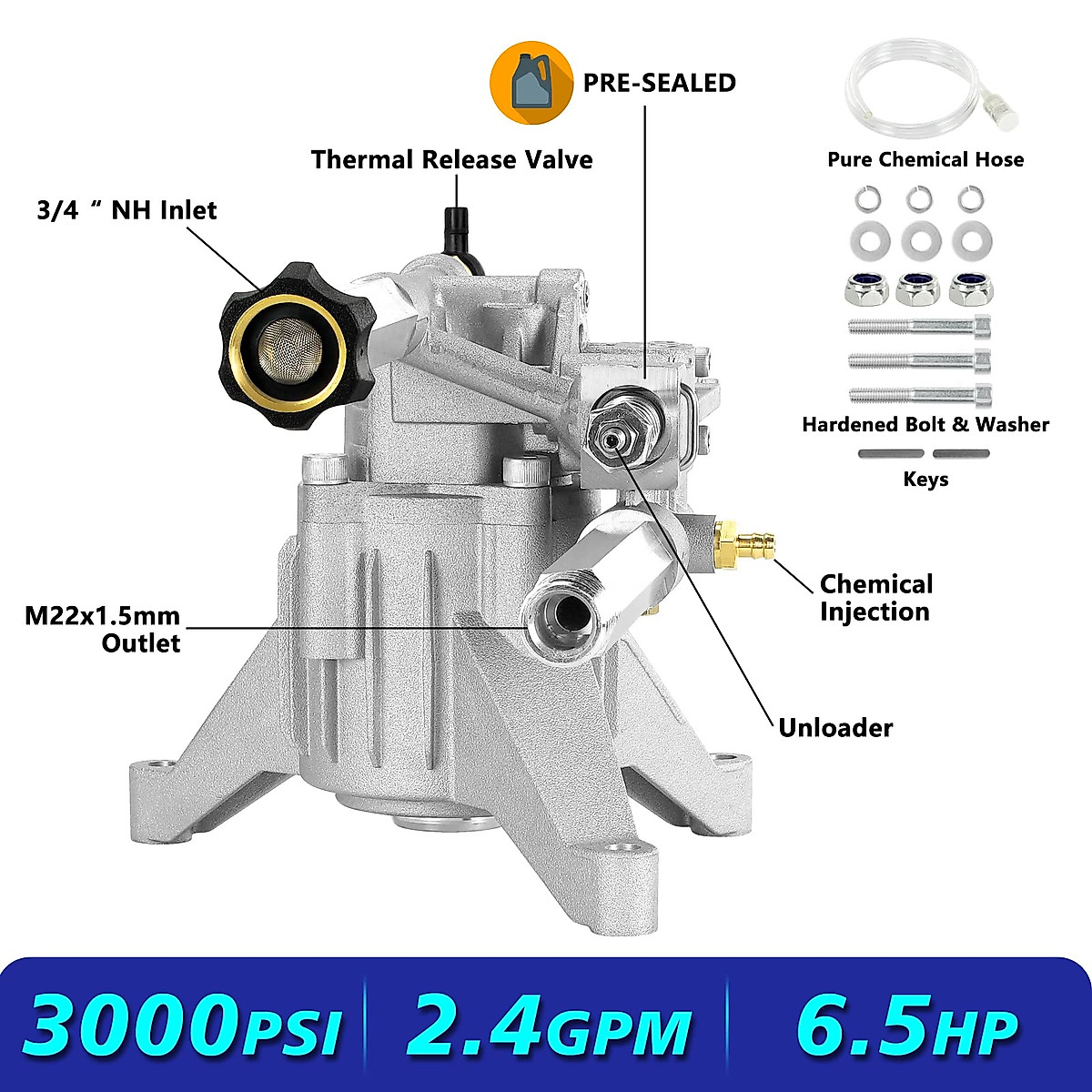 Pressure Washer Pump 7/8" Shaft Vertical, 3000 PSI, 2.4 GPM Power Washer Pump Replacement, Fits Troy Bilt Srmw22g26-EZ Craftsman,Front Facing Inlet Outlet…