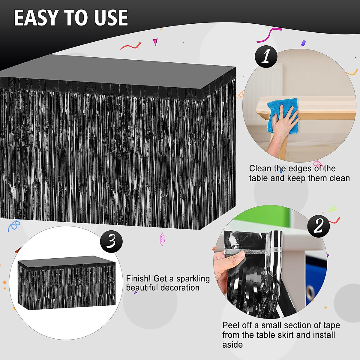 Bouiexye 2 Pack 29.5x108 Inch Black Foil Tinsel Fringe Table Skirts, Disposable Table Skirts for Rectangle Tables Curtains Backdrop Parade Wedding Floats Baby Shower Birthday Mardi Gras Party