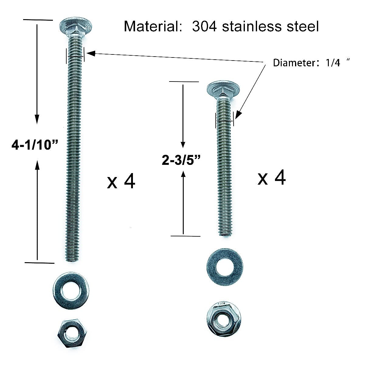 DEYTEH (8Pcs) 304 Stainless Universal Headboard or Footboard Hardware Bolts and Nuts 4 inches 2-1/2'' Long Carriage for Furniture Beds Sofa Table Chairs Wheelbarrow Handles Replacement Kit