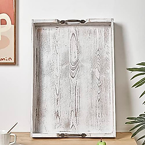 Large Wood Rectangular Serving Tray 20 x 14 Inch Rustic Wooden Ottoman Tray with Metal Handle and Wrapped Corners, Wood Coffee Table Tray Solid Pine Decorative Tray Whitewashed