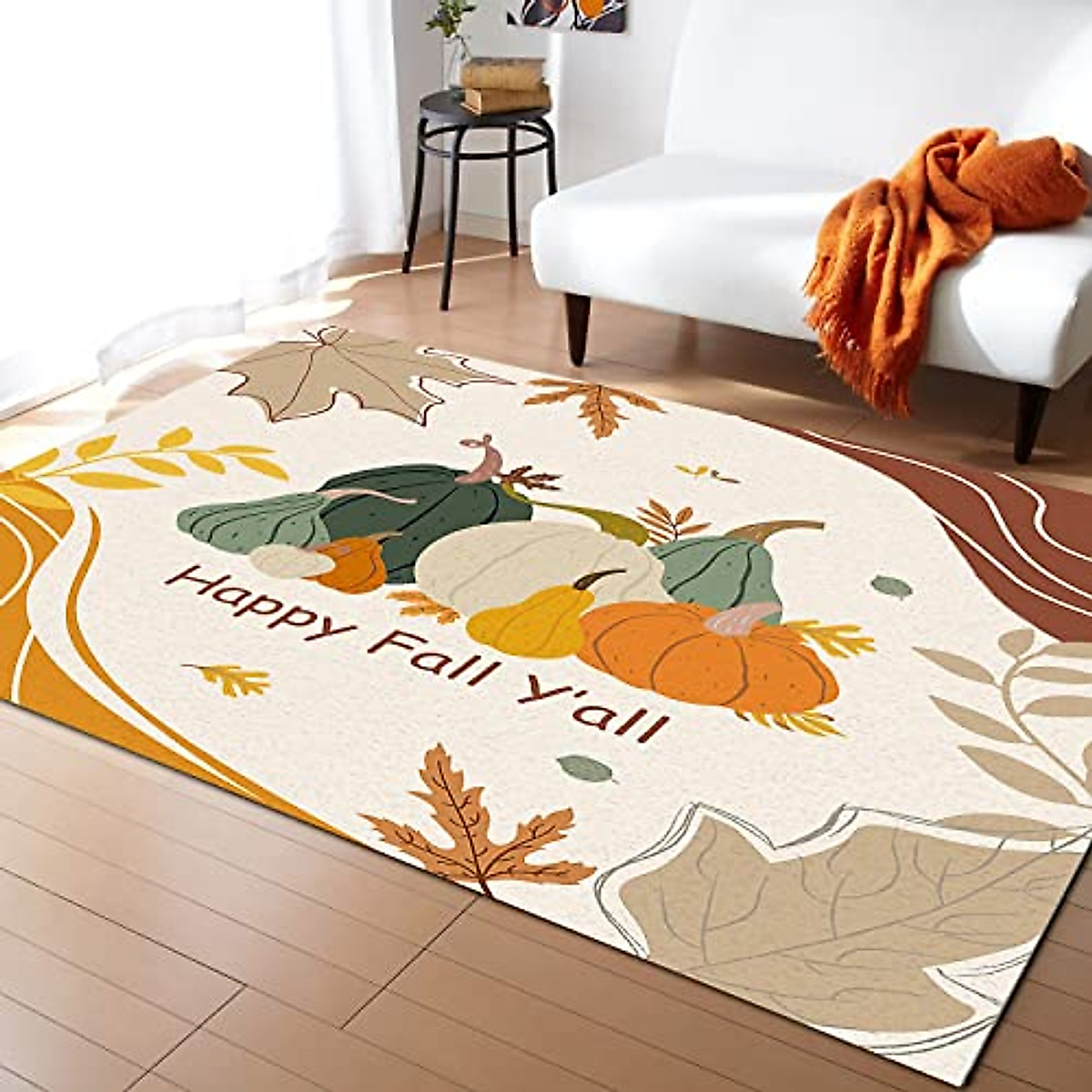 Fall Thanksgiving Outdoor Rug for Patio, Large Floor Mat Happy Y'all Boho Style Pumpkin Non Slip Area Rug Rubber Backing Quick Dry Clearance Carpet for Camping Rugs, Garden, Lawn, Deck, Porch, 6' x 9'