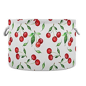 Krafig Watercolor Cherry Round Collapsible Storage Basket, Large Toy Storage, Laundry Baskets, Open Home Storage Bins for Toy Organizer, Home Decor, Clothes, Toys