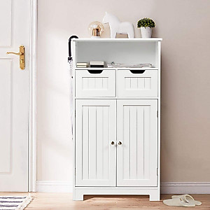 Tangkula Bathroom Floor Cabinet, Storage Cabinet w/Open Shelf, 2 Doors & 2 Adjustable Drawers, Standing Cupboard for Kitchen, Bathroom Cabinet for Living Room Home Office (White)