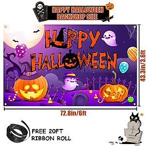 Large Happy Halloween Banner Backdrop 72x44 Inch, Spooky Pumpkin Happy Halloween Banner for Purple Halloween Party Decorations, Halloween Pumpkin Banner Photo Booth Background