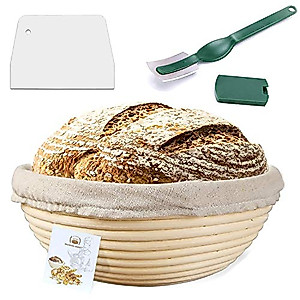 9 Inch Proofing Basket,WERTIOO Banneton Bread Proofing Basket + Bread Lame +Dough Scraper+ Linen Liner Cloth Sourdough Bread Baking Supplies